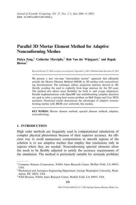 Pdf Parallel 3d Mortar Element Method For Adaptive Nonconforming Meshes
