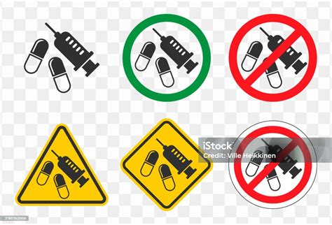마약은 허용되지 않습니다 알약과 주사기 의료 아이콘 모양입니다 의학 금지 로고 기호 기호입니다 벡터 일러스트 레이 션 이미지 마약 청정 지역 6월에 대한 스톡 벡터 아트 및