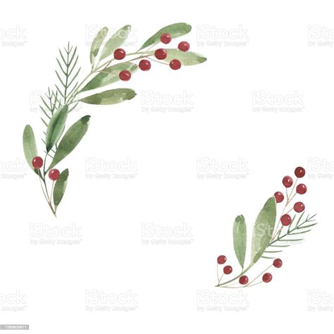붉은 열매와 녹색 식물의 수채화 크리스마스 화환 휴일 장식 엽서 겨울 선물 크랜베리에 대한 스톡 벡터 아트 및 기타 이미지 크랜베리 프레임 겨우살이과 Istock