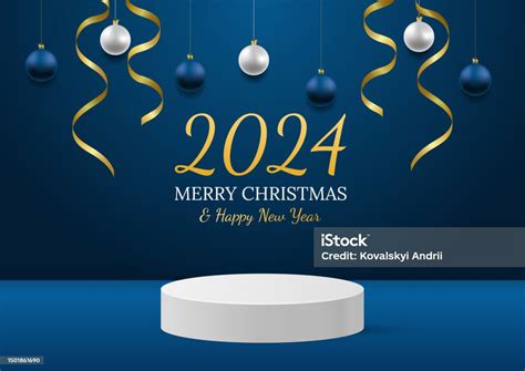 3d 연단이 있는 새해 최소 모형 장면 황금 리본과 현실적인 장난감이 있는 겨울 크리스마스 파란색 배경 벡터 그림 0명에 대한 스톡 벡터 아트 및 기타 이미지 Istock