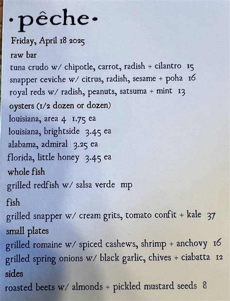 Menu At Pêche Seafood Grill Restaurant New Orleans