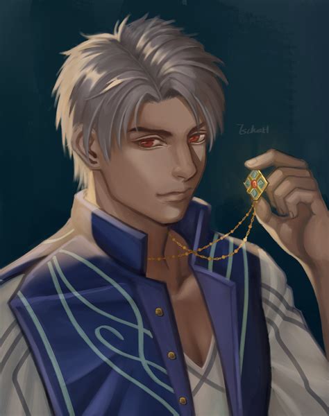 Safebooru 1boy Bishounen Blue Background Dark Skin Emiliorock Hand Up