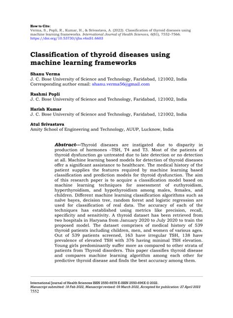 Pdf Classification Of Thyroid Diseases Using Machine Learning Frameworks