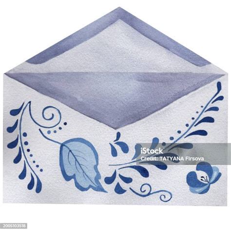 수채화 복고풍 열린 봉투 장식 푸른 꽃 흰색 배경에 고립되어 있습니다 손으로 그린 디자인 요소 0명에 대한 스톡 벡터 아트 및 기타 이미지 Istock