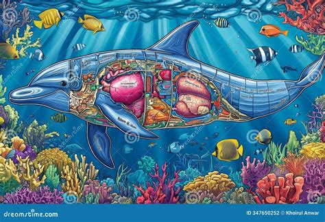 Cross Section Illustration Of A Dolphin Anatomy With Colorful Coral