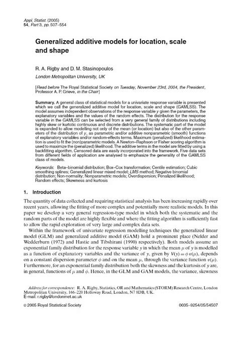 Pdf Generalized Additive Models For Location Scale And Shape Gamlss