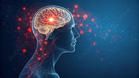 Abstract Digital Human Head Shape With Glowing Brain And Red Energy Particles On A Dark Blue