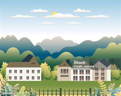 농촌 계곡 농장 시골입니다 플랫 스타일 디자인의 목장이있는 마을 풍경 집 농장 가족 헛간 건물 언덕 나무 산 배경 만화 벡터 일러스트와 풍경 가을에 대한 스톡 벡터 아트 및