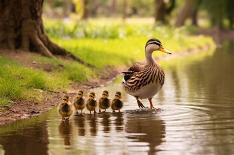 Mamá Pata Llevando A Sus Patitos A Través De Un Estanque Foto Premium