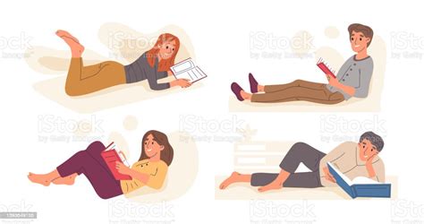 책 애호가 캐릭터 거짓말 문학 팬 읽기 여자와 남자는 책 만화 벡터 기호 일러스트 세트와 함께 휴식 사용자 모음 읽기 검사