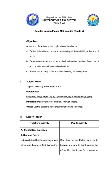 Solution Detailed Lesson Plan In Math Divisibility Rules From 1 To 13