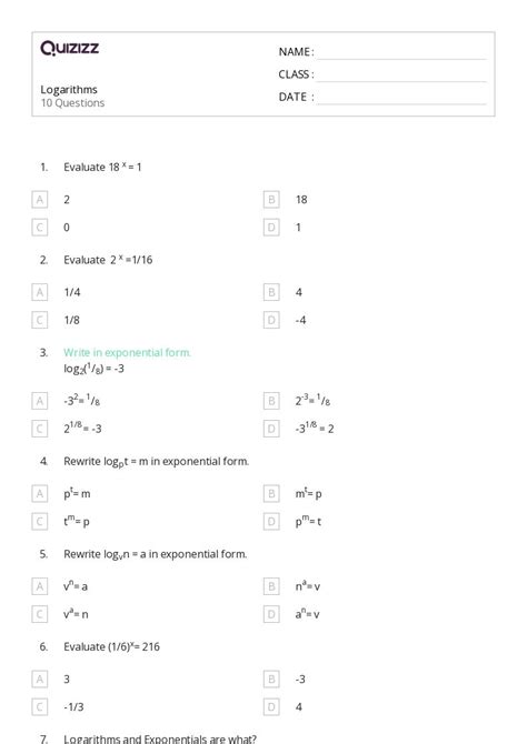 50 Logarithms Worksheets On Quizizz Free And Printable
