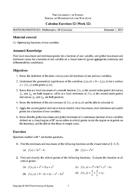 Calculus Exercises 12 Week 12 Mathematics 1b 2025 Studocu