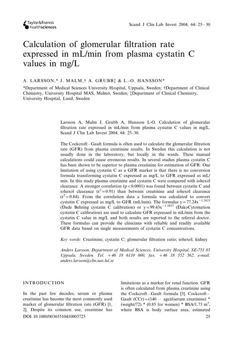 Pdf Calculation Of Glomerular Filtration Rate Expressed In Mlmin From Plasma Cystatin C