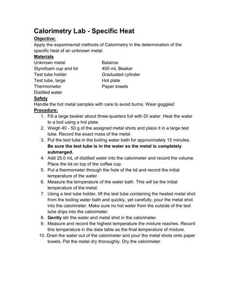 Calorimetry Lab Specific Heat Determination