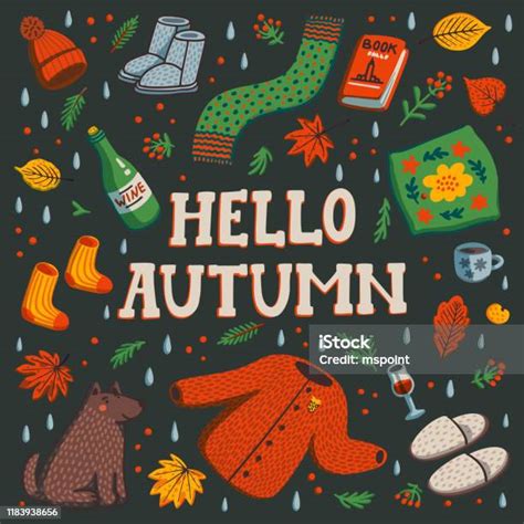 안녕하세요 가을 어두운 배경에 가을 필수품 세트입니다 따뜻한 옷 딸기 잎 등 가을 시즌 요소의 컬렉션입니다 플랫 스타일 손으로