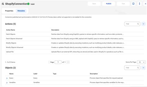 shopify connection metadata