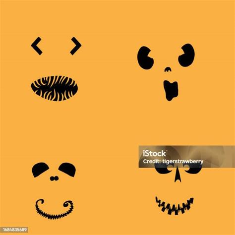 호박 캐릭터 생성을 위한 할로윈 실루엣 세트 할로윈 호박 컬렉션 모양 눈 코 감정 소름 끼치고 으스스한 요소 장식 벡터 10월에 대한 스톡 벡터 아트 및 기타 이미지