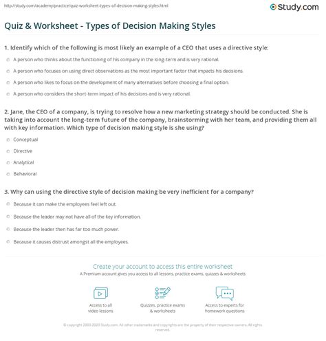 Quiz Worksheet Types Of Decision Making Styles Study