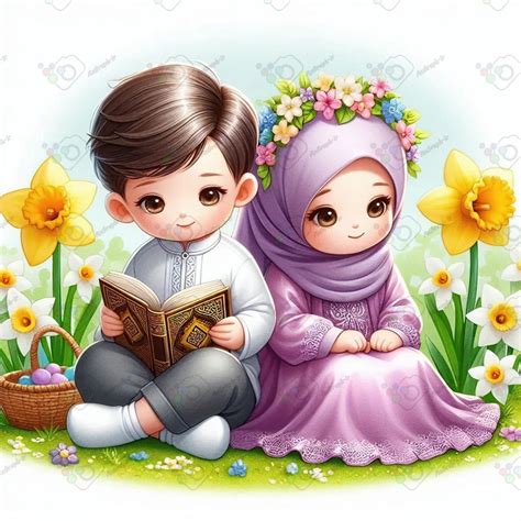 بک گراند کودکانه دختر ناز با حجاب و پسر ناز نشسته در باغ گل نرگس در حال قرآن خواندن کد 42896