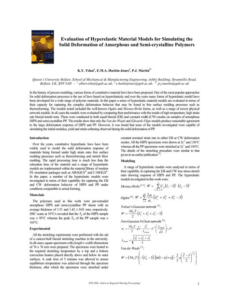 Pdf Evaluation Of Hyperelastic Material Models For Simulating The
