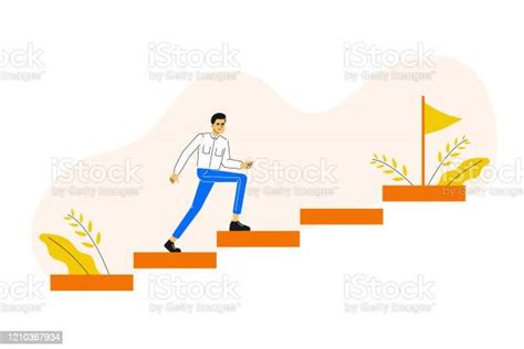 비즈니스 개념입니다 젊은 남자 실행 하 고 열의 열에 그의 목표에 등반 동기 부여를 이동 경력 성장 은유 대상의 성취에 대한 경로입니다 벡터 그림입니다 개념에 대한 스톡