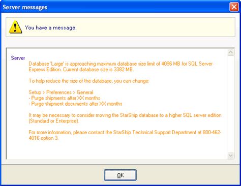 database size warning messages