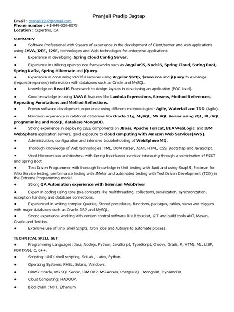 Pranjali P Jagtap Resume Pdf Spring Framework Databases