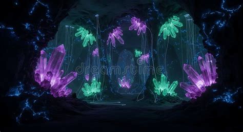 Illuminated Fantasy Cave With Vibrant Glowing Crystals Stock
