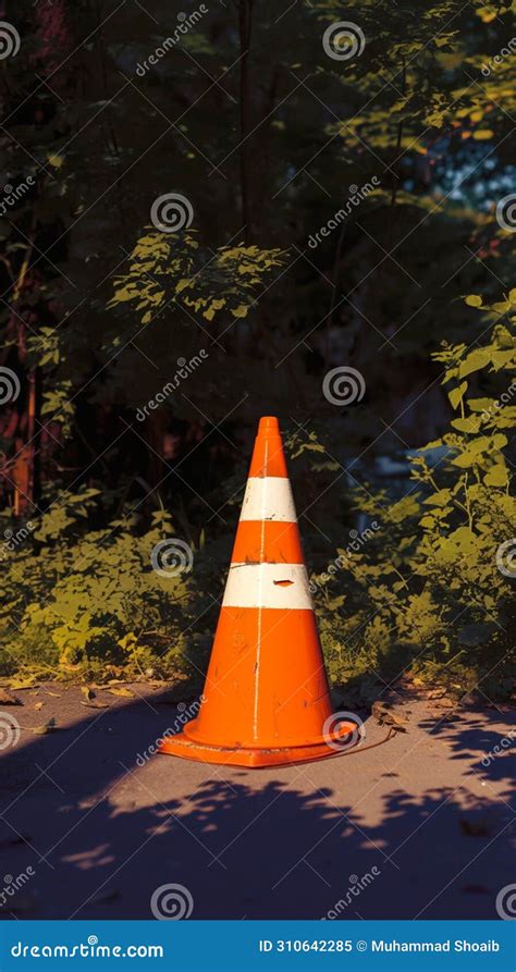 Striped Orange Parking Cone Amid Natural Background Cautionary Safety