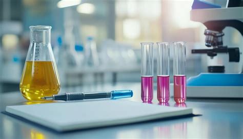 Laboratory Setup With Erlenmeyer Flask Test Tubes Notebook And Pen Premium Ai Generated Image