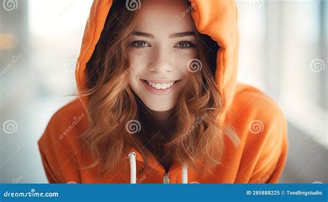 Young Girl Cute Smiling In Orange Hooded Sweatshirt Generative Ai