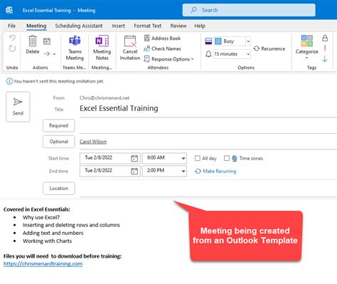 outlook calendar meeting template chris menard training