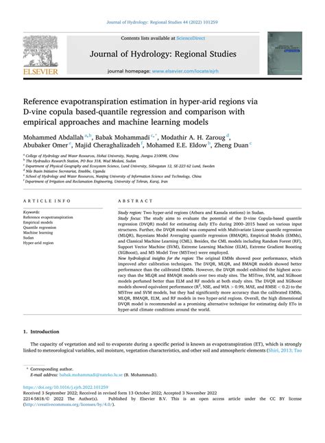 Pdf Reference Evapotranspiration Estimation In Hyper Arid Regions Via
