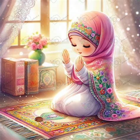 بک گراند کودکانه دختر ناز با چادر گلدار نشسته در اتاق غرق نور در حال