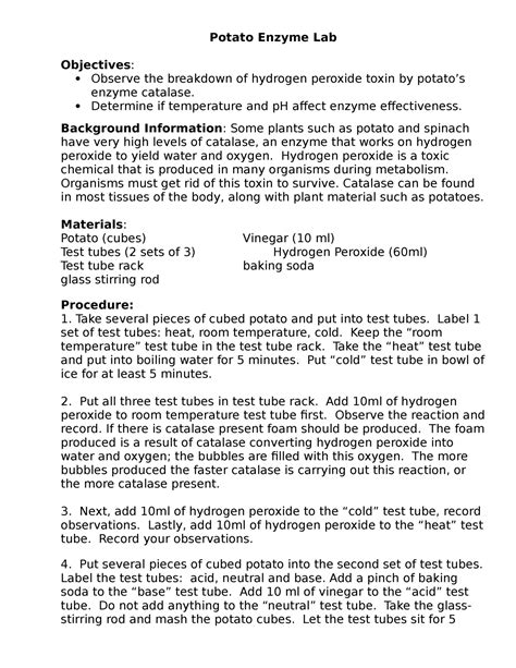 Potato Enzyme Lab Honors Potato Enzyme Lab Objectives Observe The