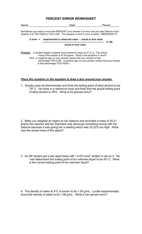 Percent Error Worksheet Chemistry Practice Problems