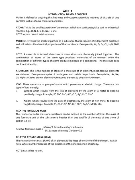 Ss1 Note Wk1 To 3 Pdf Mole Unit Molecules