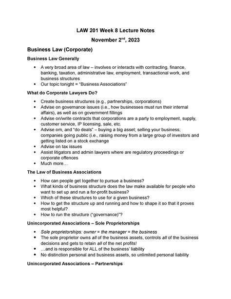 LAW Week Lecture Notes LAW Week Lecture Notes November Nd Business Law