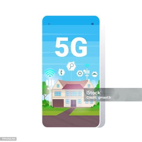 코티지 하우스 5g 온라인 무선 시스템 기지국 수신기 연결 개념 5 세대 혁신적인 세대 고속 인터넷 스마트폰 화면 온라인 모바일 앱 5에 대한 스톡 벡터 아트 및 기타