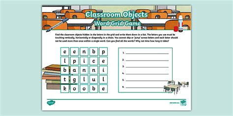 Classroom Objects Word Grid Vocabulary Game For Learners Of Eal