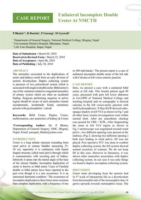 Pdf Unilateral Incomplete Double Ureter At Nmcth