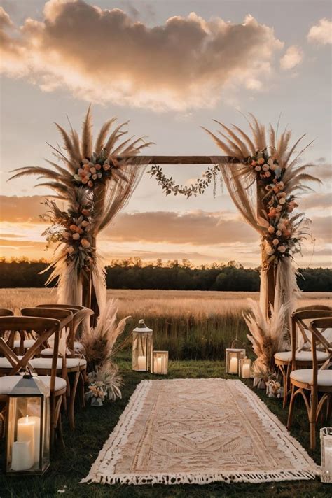 Boho Hochzeit Im Freien Zarte Pastellblumen Und Pampasgras Im Sonnenuntergang Boho Hochzeit