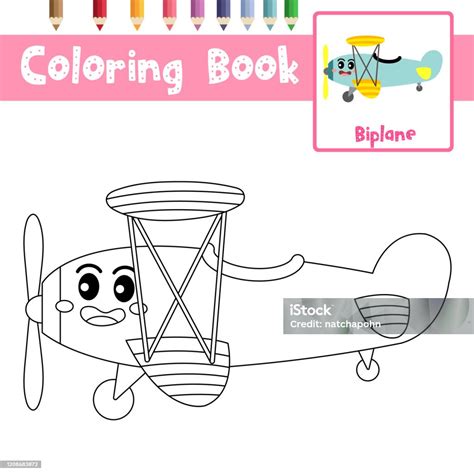 색칠 하기 페이지 복엽 비행기 만화 캐릭터 측면 보기 벡터 일러스트 공부에 대한 스톡 벡터 아트 및 기타 이미지 공부 교육