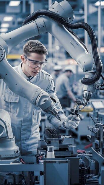 Engineer Operating Robotic Arm At Factory Premium Ai Generated Image