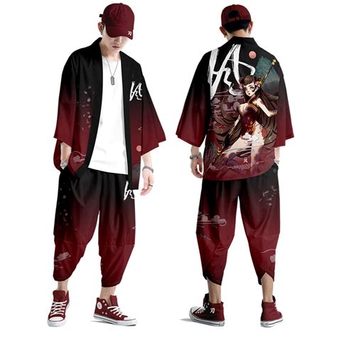 Black Japanese Female Fighter Mens Two Piece Kimono Yukata Top And Pants