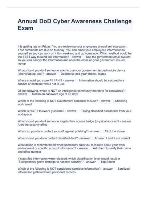 Annual Dod Cyber Awareness Challenge Exam Questions And Answers Rated A 2023 Cyber Awareness
