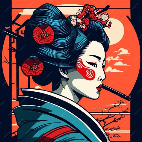 Geisha Japonaise Samurai Fille Dessinée à La Main Plat Stylé