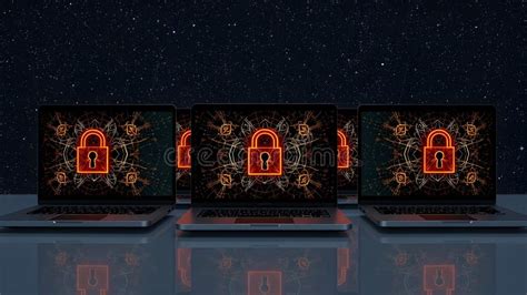 Three Laptops With A Red Lock On The Screen Stock Illustration Illustration Of Cyber Virus