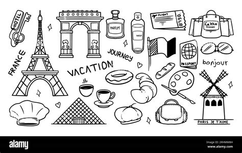 Travel To France Doodle Set Icons Vector Simple Hand Drawing Sketch Buildings And National